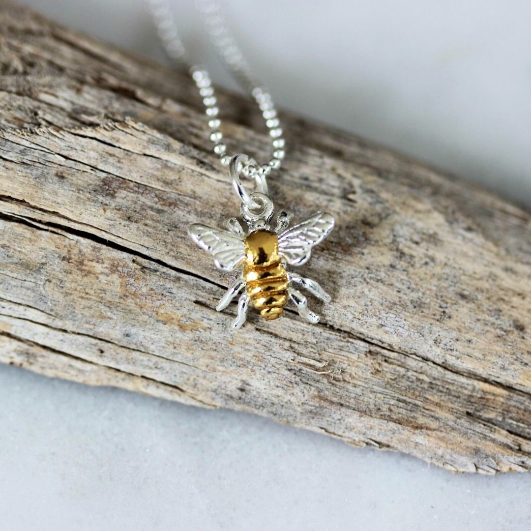 Sterling Silver Bee Necklace 2 Tone Yellow Gold Plated Silver Bee ...