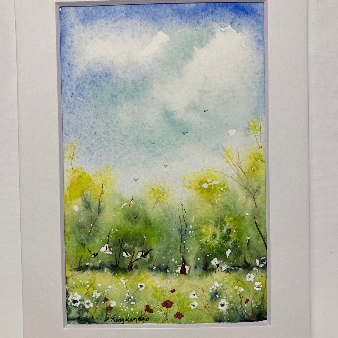 A Sunny Spring Day. Original Watercolor Painting. Spring Trees and ...