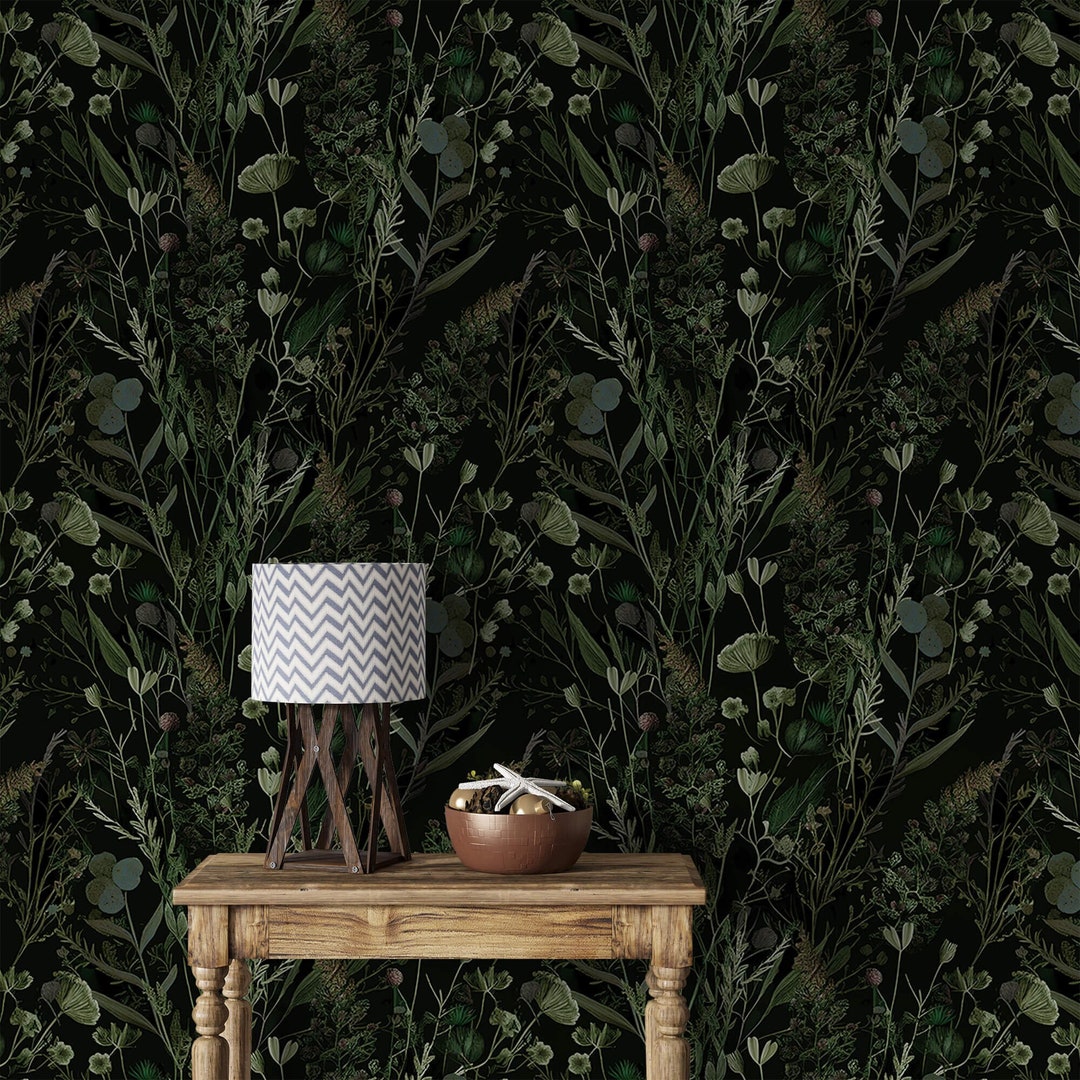 Dark Botanical Wallpaper: Leaves & Herbs, Peel and Stick or Non Woven ...