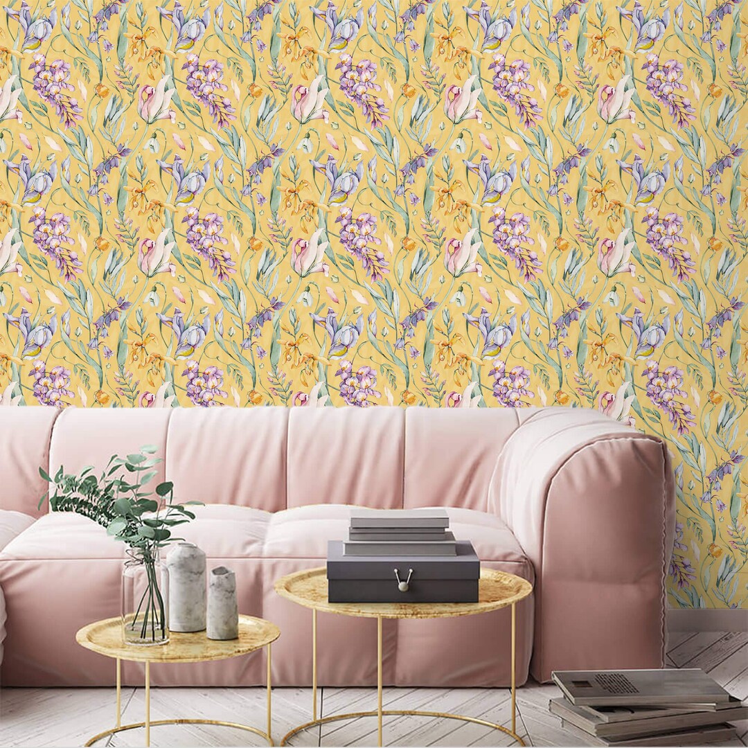 Floral Wallpaper Bright Yellow Botanical Flowers and Leaves Peel and ...