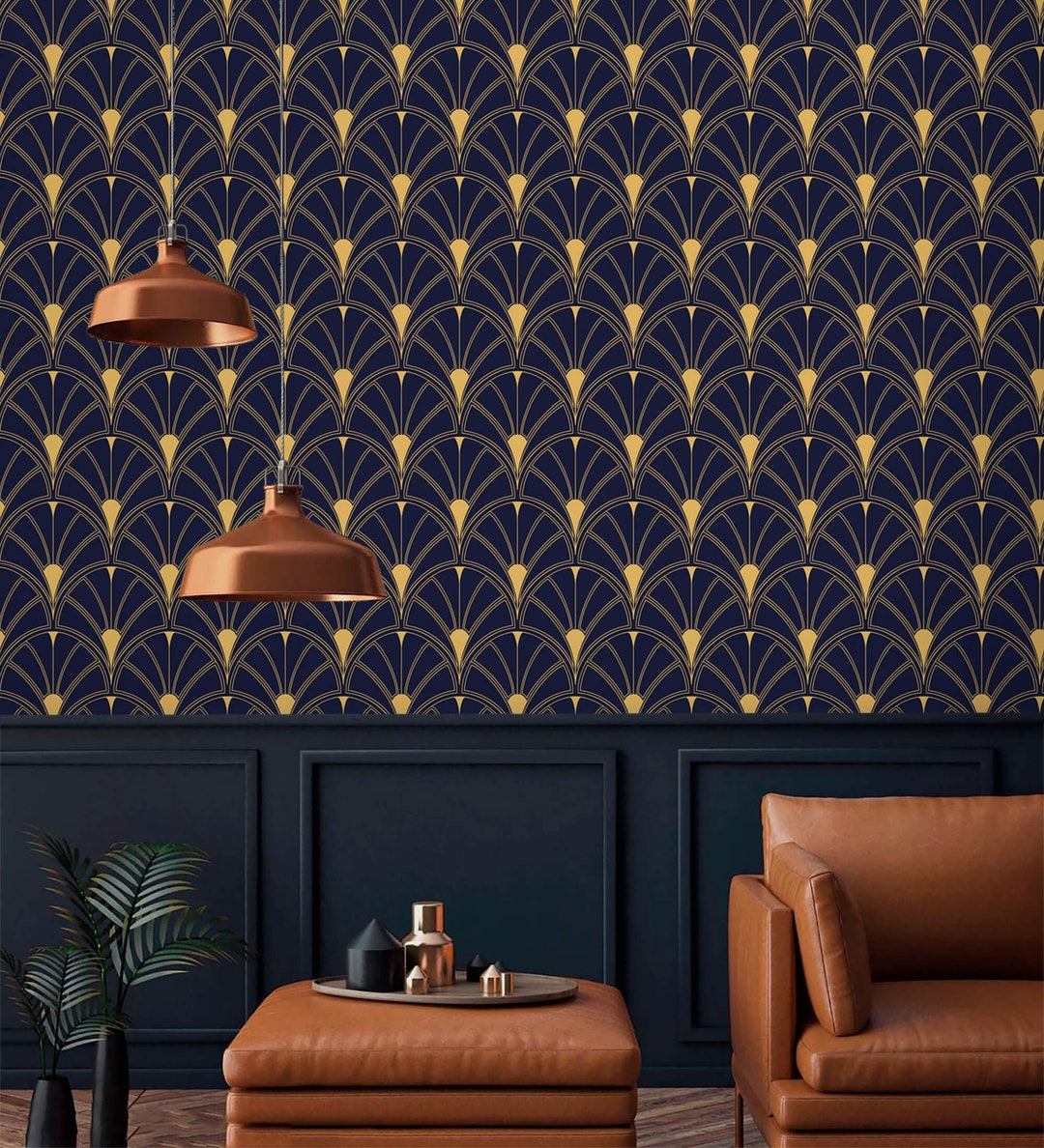 Dark Blue Art Deco Wallpaper Fans Peel and Stick Removable or ...