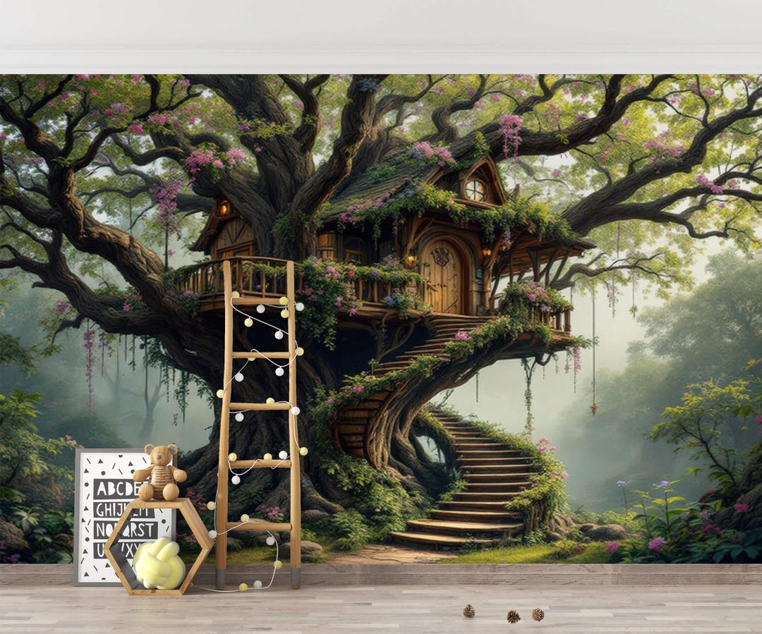 Treehouse Wall Mural: Kids Room Tree Accent Wallpaper - Etsy