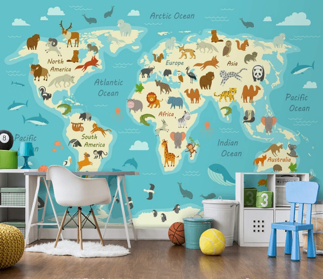 World Map Kids Wallpaper Mural Peel and Stick Removable or Traditional ...