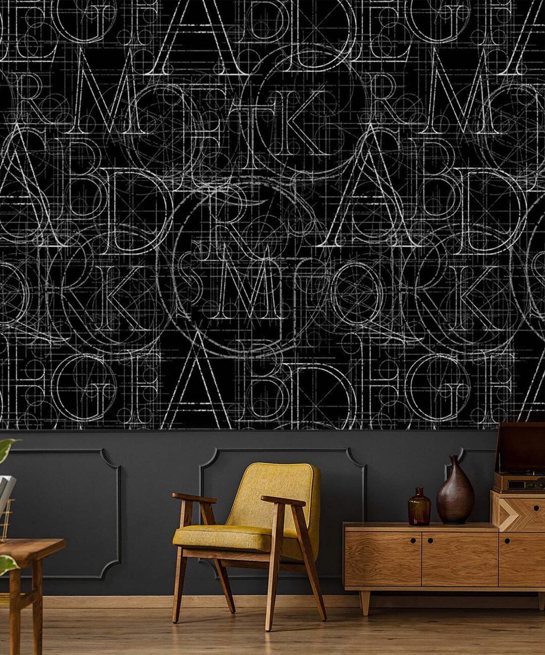 Abstract Black Letter Wallpaper: Loft Style Accent Wall Mural - Etsy