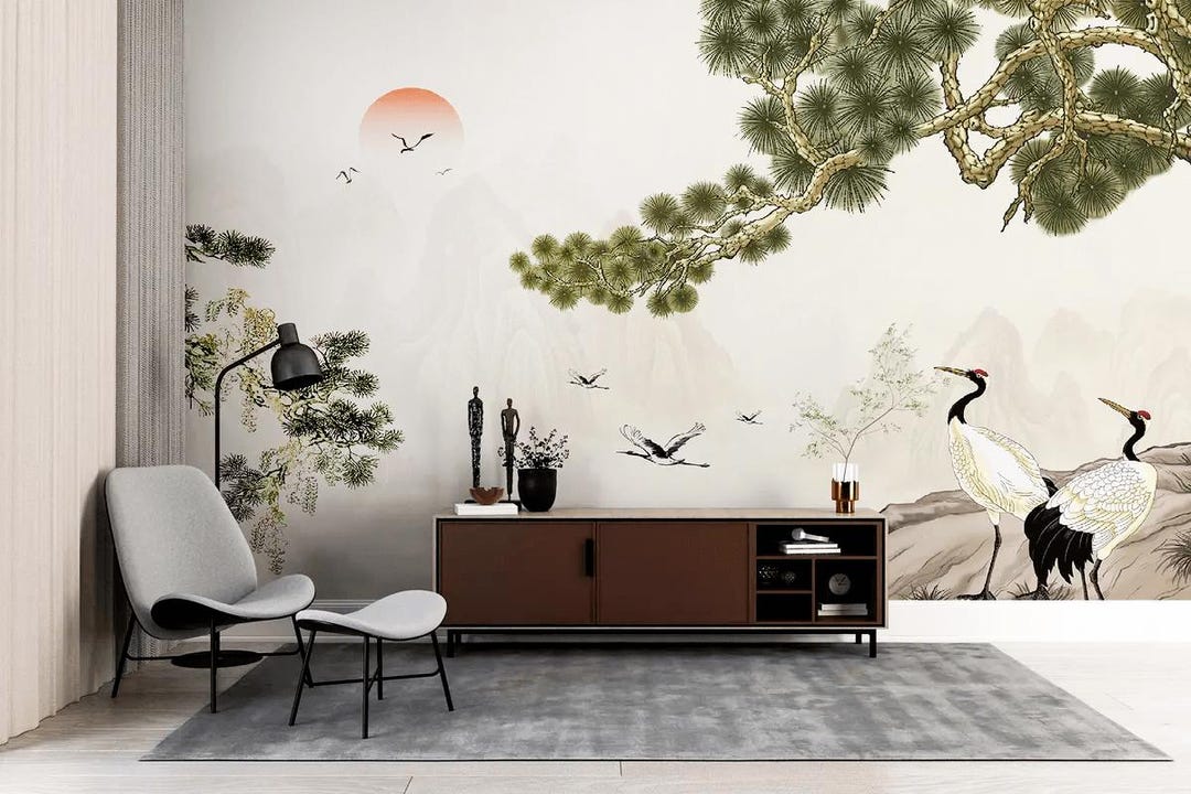 Asian Wallpaper Mural Landscape With Cranes Japanese Style Peel and ...
