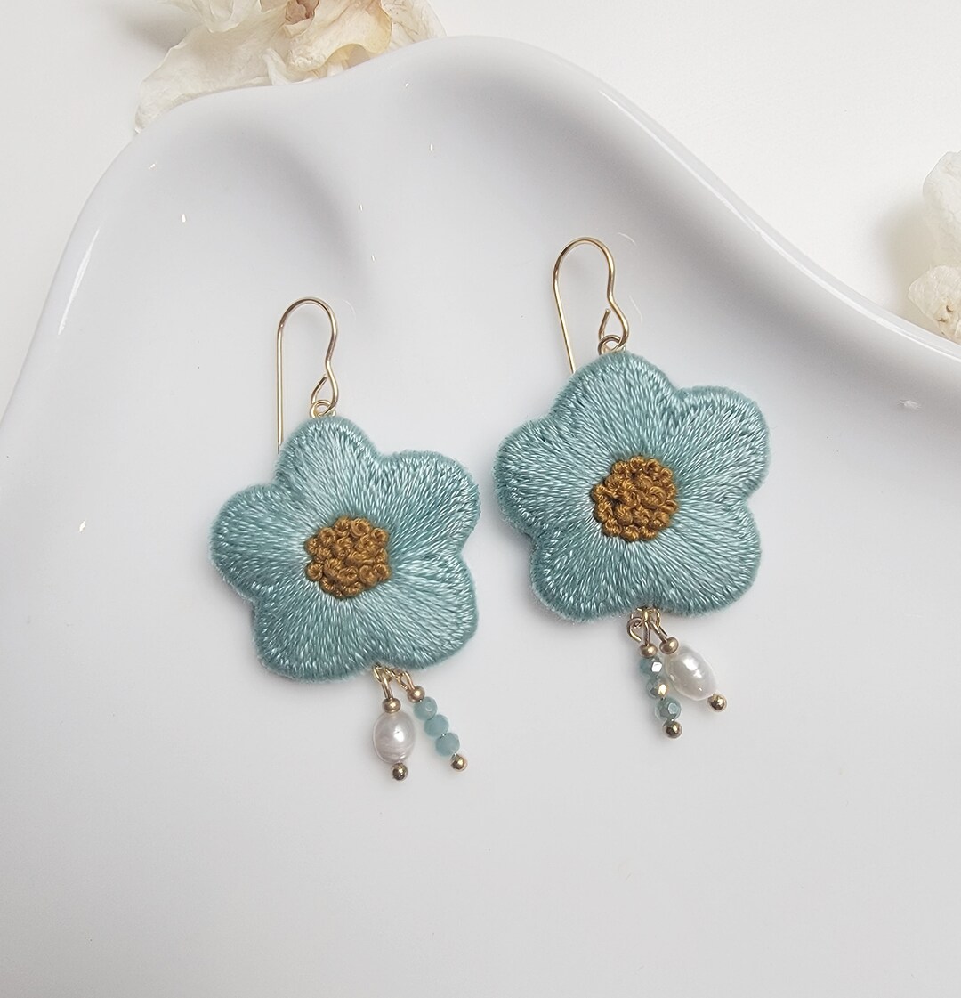 SkyBlue Floral Hand Embroidered Statement Earrings With Pearls For Her ...