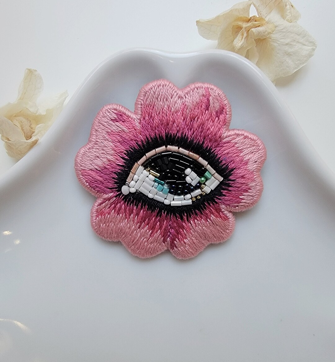 Pink Hand Embroidered Floral Eye Brooch/pin. Handmade Statement Pin for ...