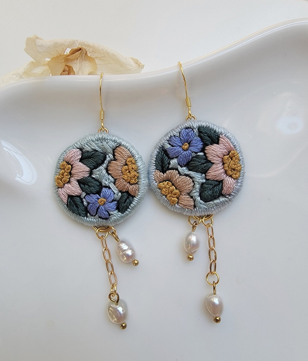 Floral Hand Embroidered Statement Earrings With Pearls for Her ...