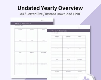 Undated Yearly Planner Printable Any Year Calendar Template | Etsy