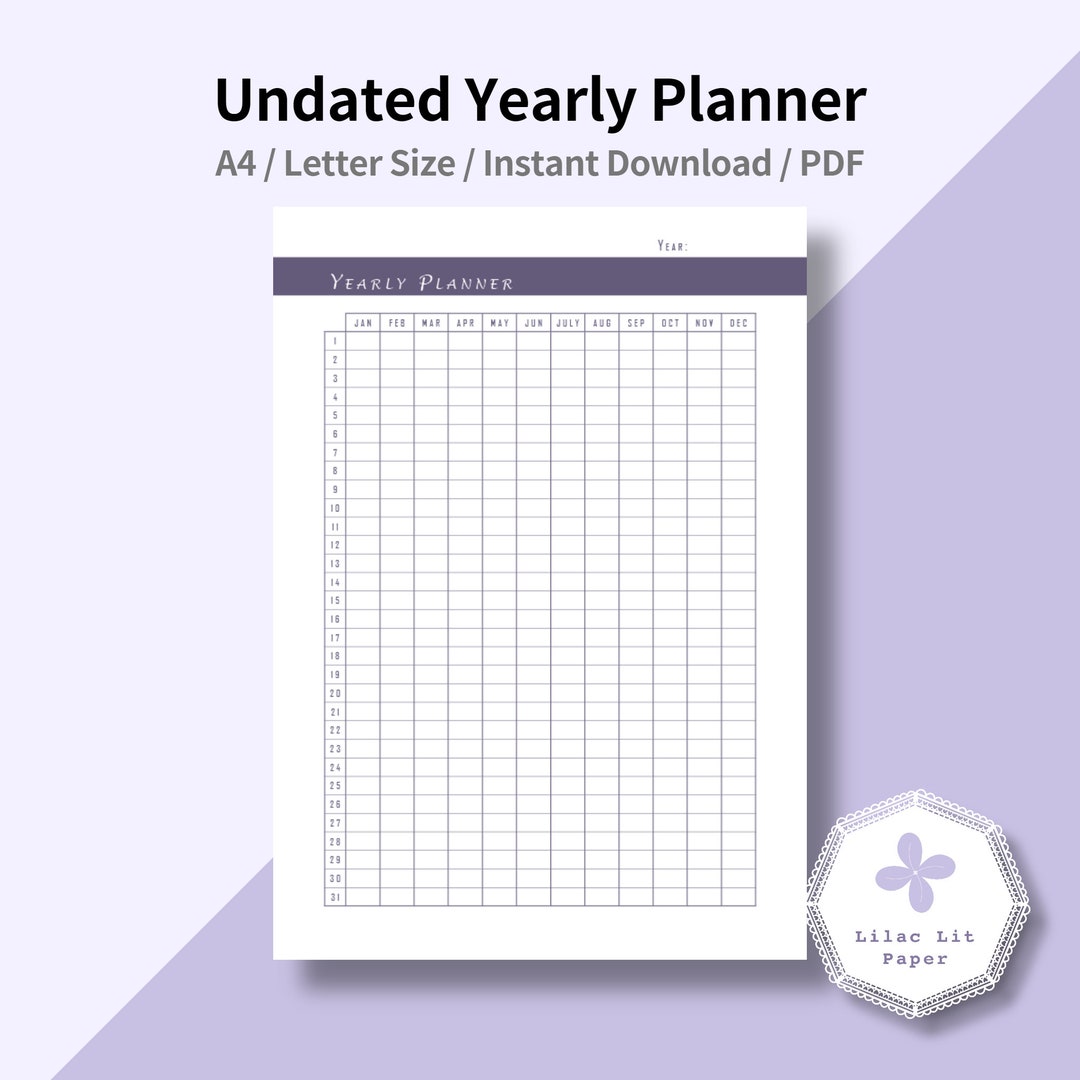 Undated Yearly Planner Printable, Any Year Calendar Template, Year at a ...