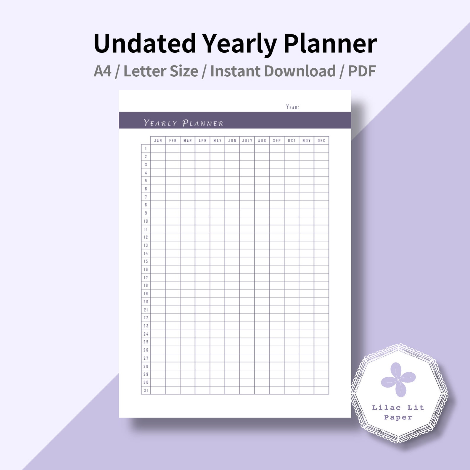 Undated Yearly Planner Printable, Any Year Calendar Template, Year at a ...
