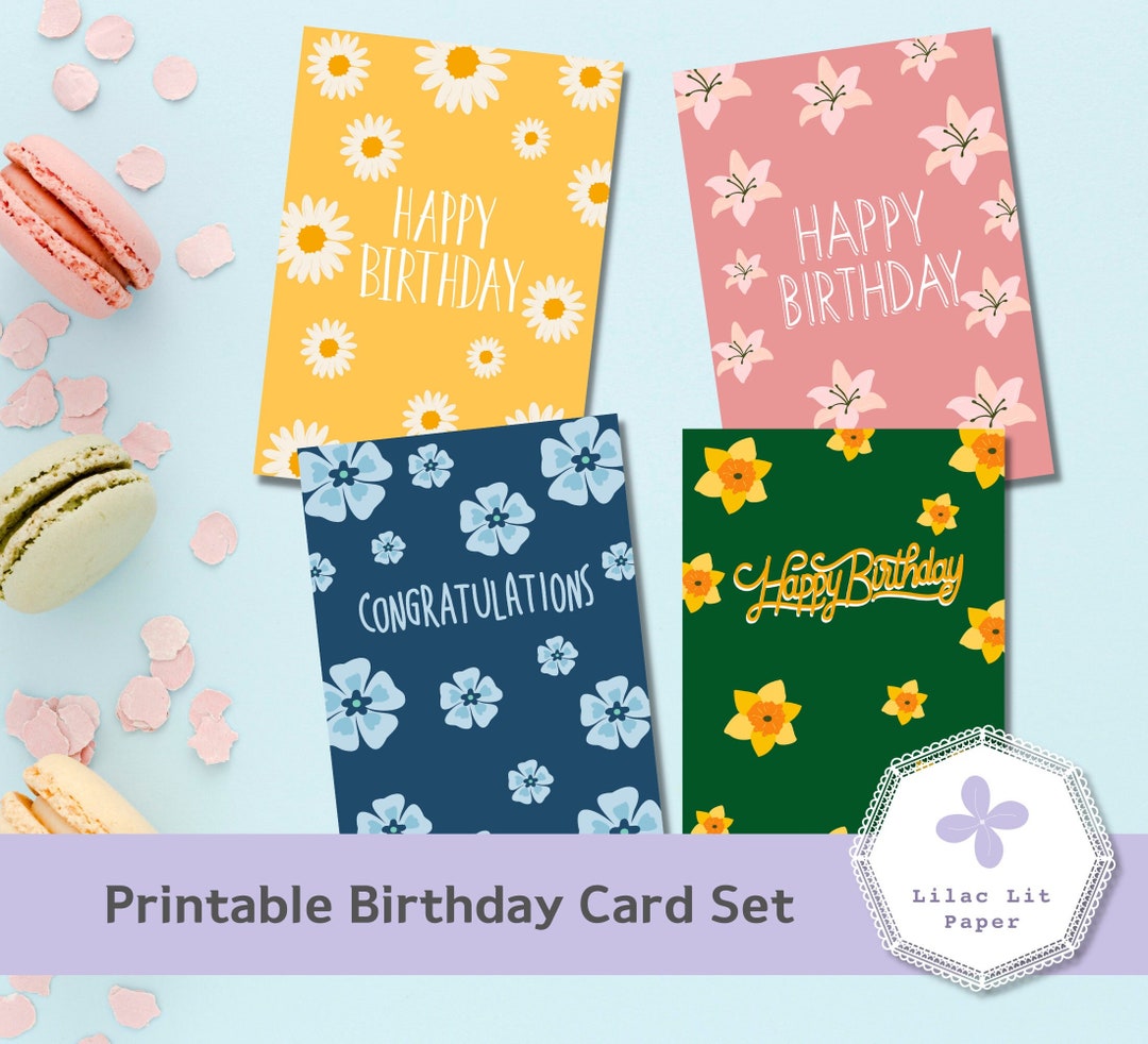 Set of 4 Printable Flower Pattern Birthday Card, Happy Birthday Card ...