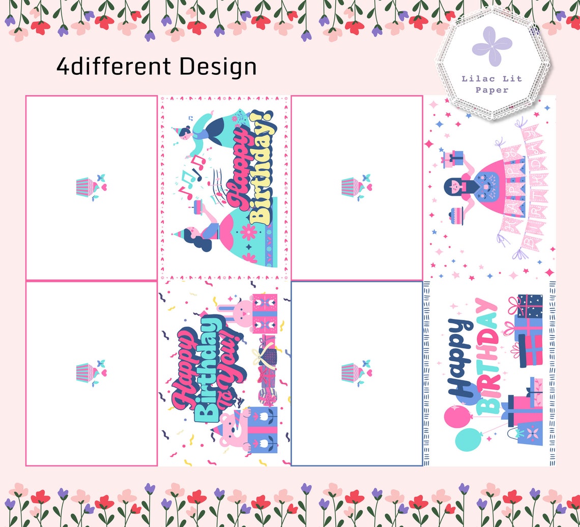 Set of 4 Printable Simple Illust Birthday Card Happy Birthday - Etsy
