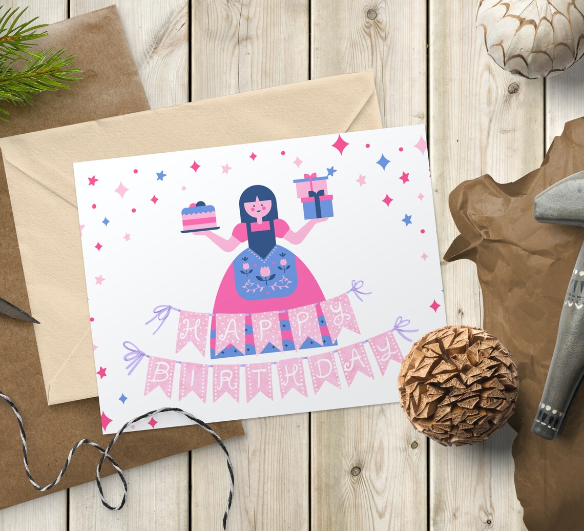 Set of 4 Printable Simple Illust Birthday Card Happy Birthday - Etsy