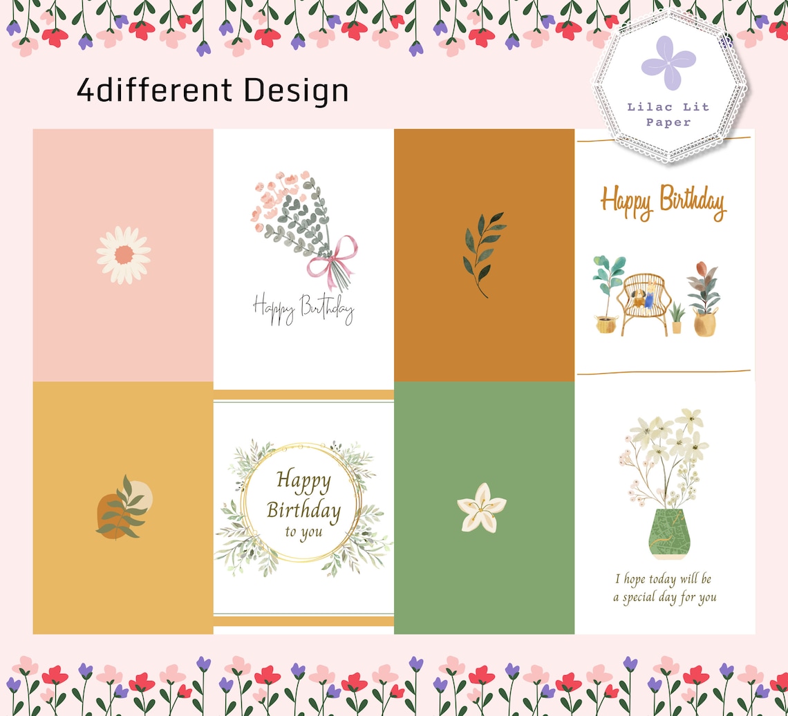 Set of 4 Printable Boho Birthday Card Happy Birthday Card - Etsy