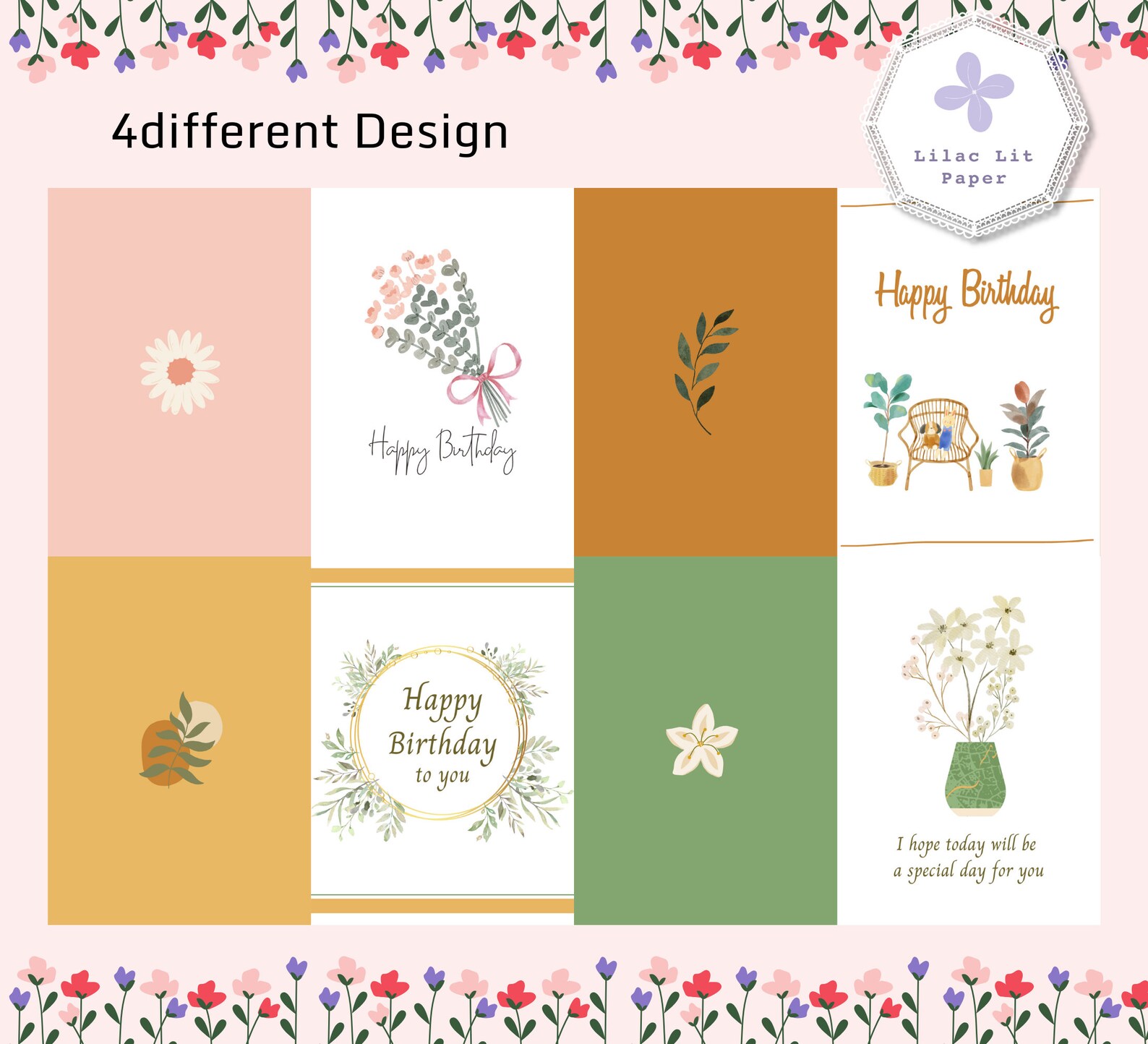 Set of 4 Printable Boho Birthday Card, Happy Birthday Card, Card ...