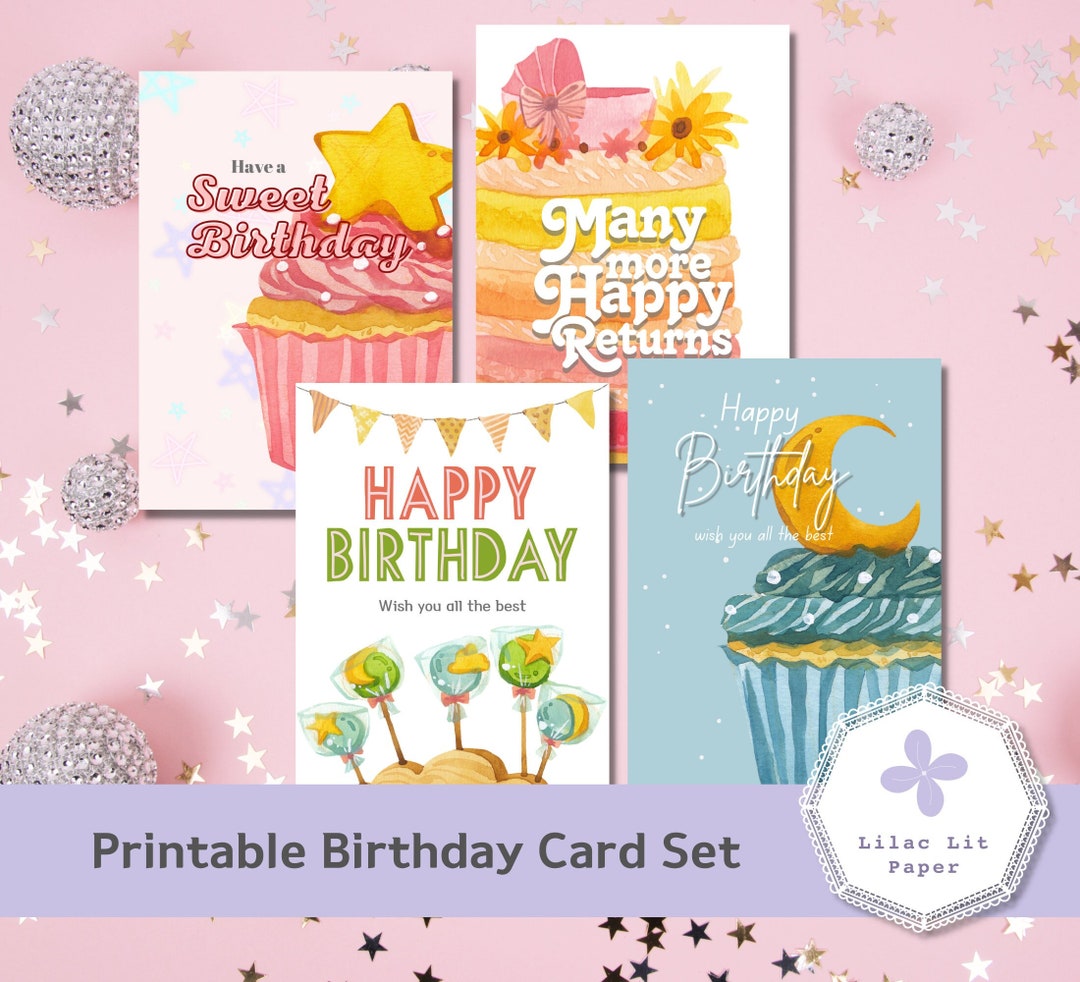 Set of 4 Printable Sweet Birthday Card, Happy Birthday Card, Card ...