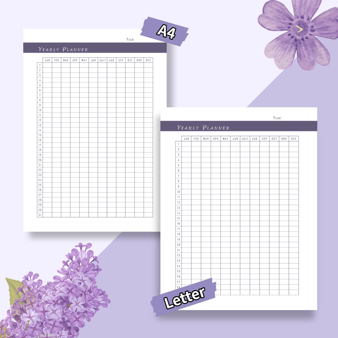 Undated Yearly Planner Printable, Any Year Calendar Template, Year at a ...