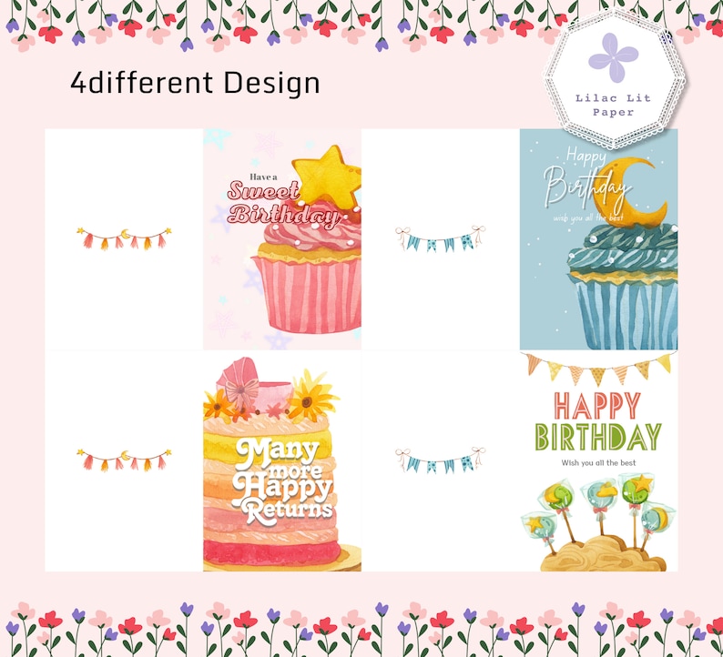 Set of 4 Printable Sweet Birthday Card Happy Birthday Card - Etsy