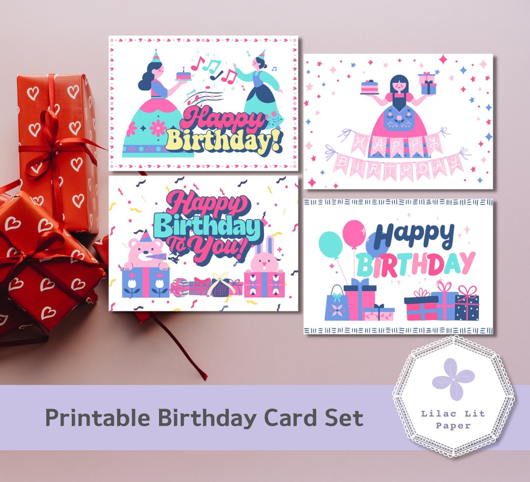 Set of 4 Printable Simple Illust Birthday Card, Happy Birthday Card ...