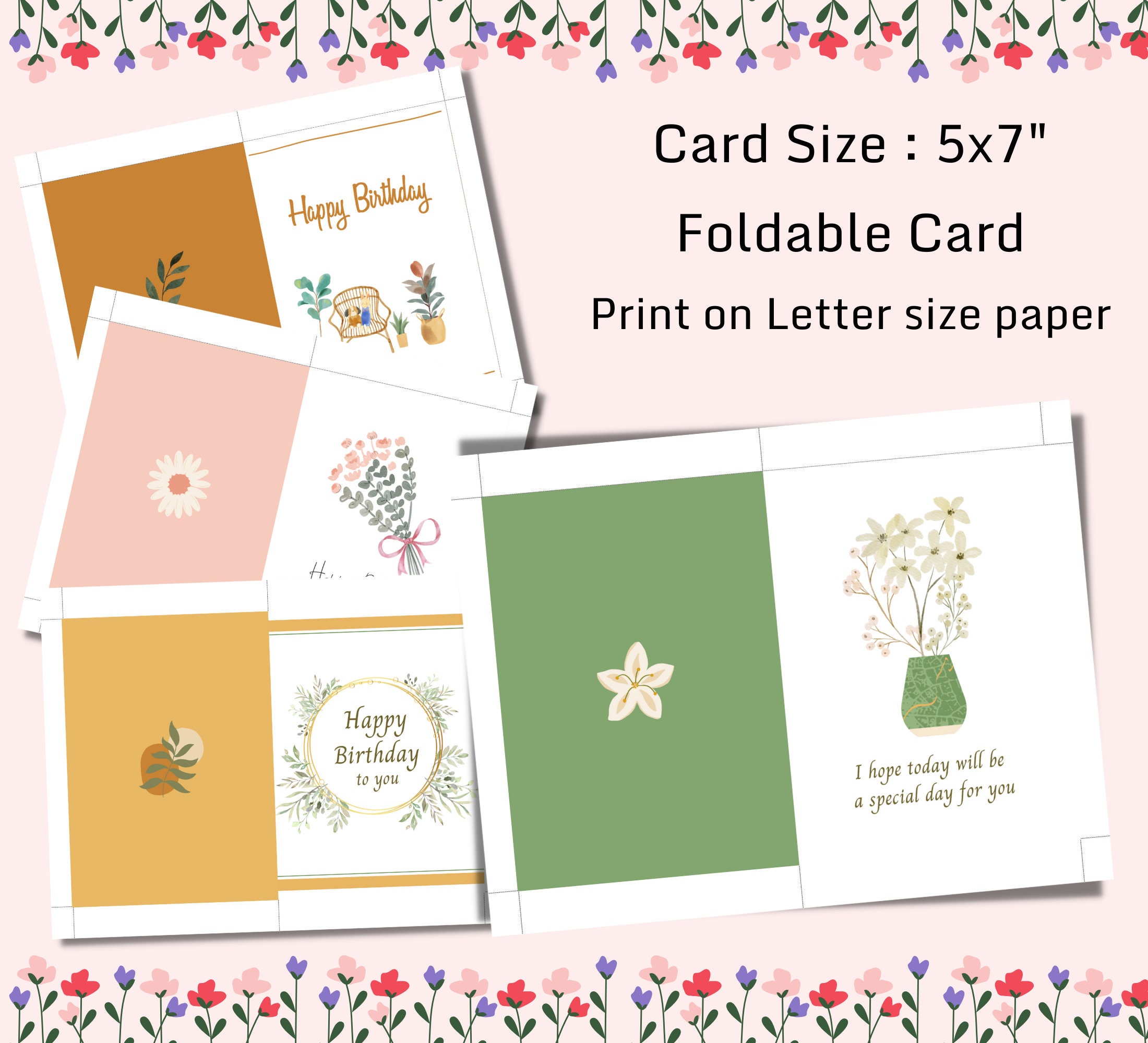 Set of 4 Printable Boho Birthday Card, Happy Birthday Card, Card ...