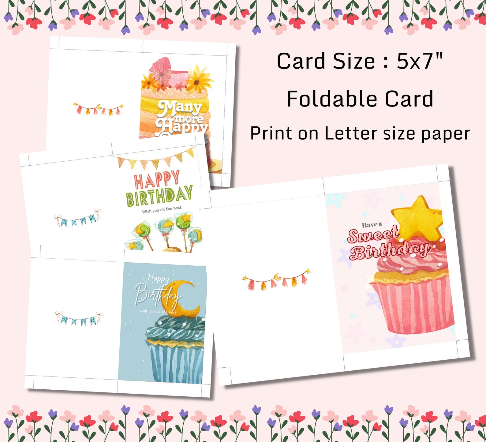 Set of 4 Printable Sweet Birthday Card, Happy Birthday Card, Card ...
