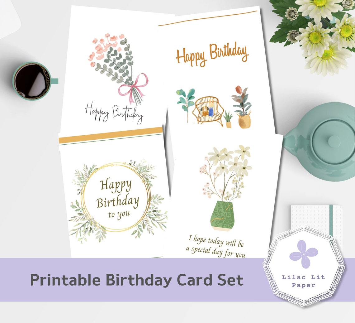 Set of 4 Printable Boho Birthday Card Happy Birthday Card - Etsy