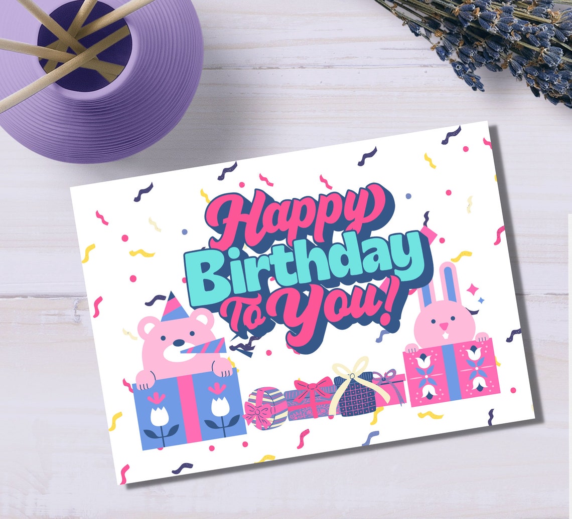 Set of 4 Printable Simple Illust Birthday Card Happy Birthday - Etsy