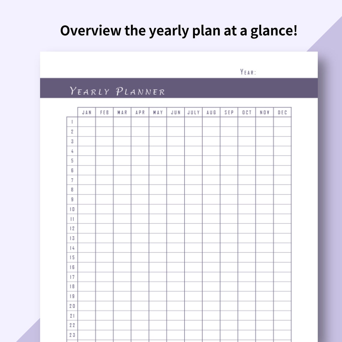 Undated Yearly Planner Printable, Any Year Calendar Template, Year at a ...