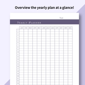 Undated Yearly Planner Printable, Any Year Calendar Template, Year at a ...