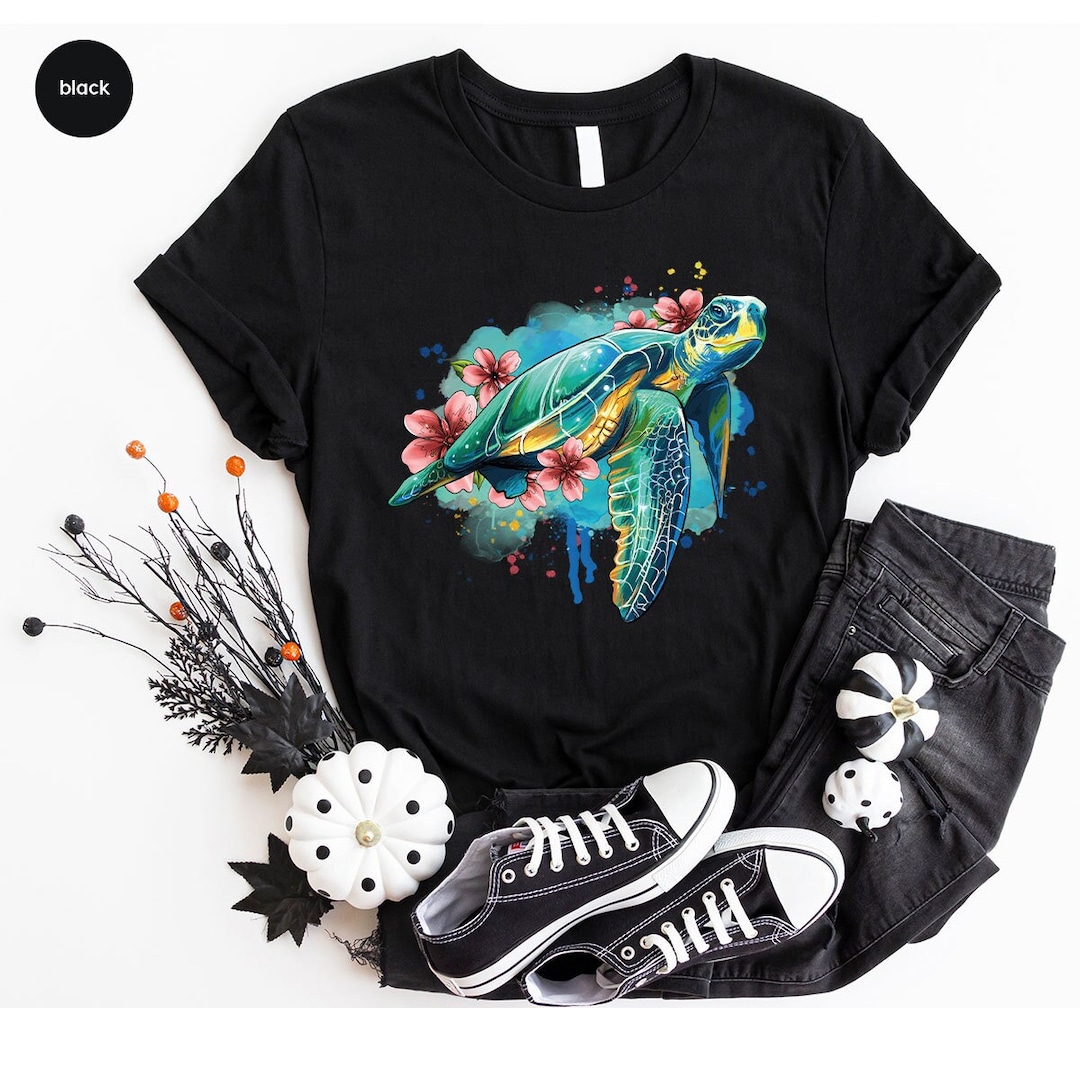 Floral Turtle Shirt, Sea Turtle Graphic Tees, Sea Animals Gifts, Trendy ...