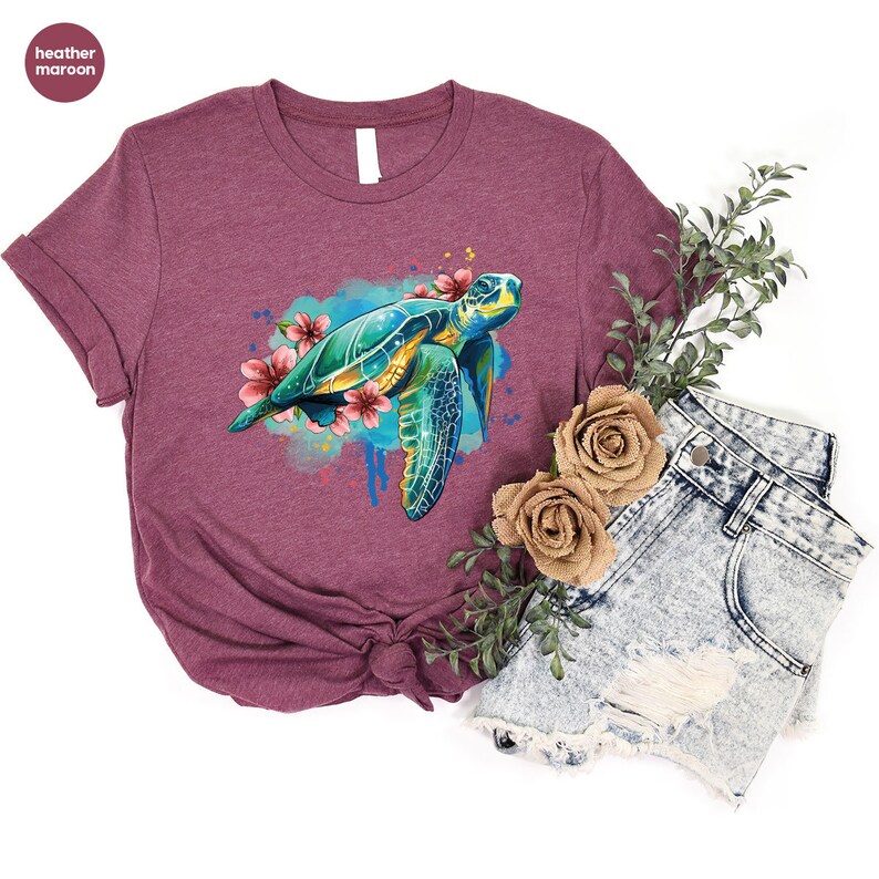 Floral Turtle Shirt, Sea Turtle Graphic Tees, Sea Animals Gifts, Trendy ...