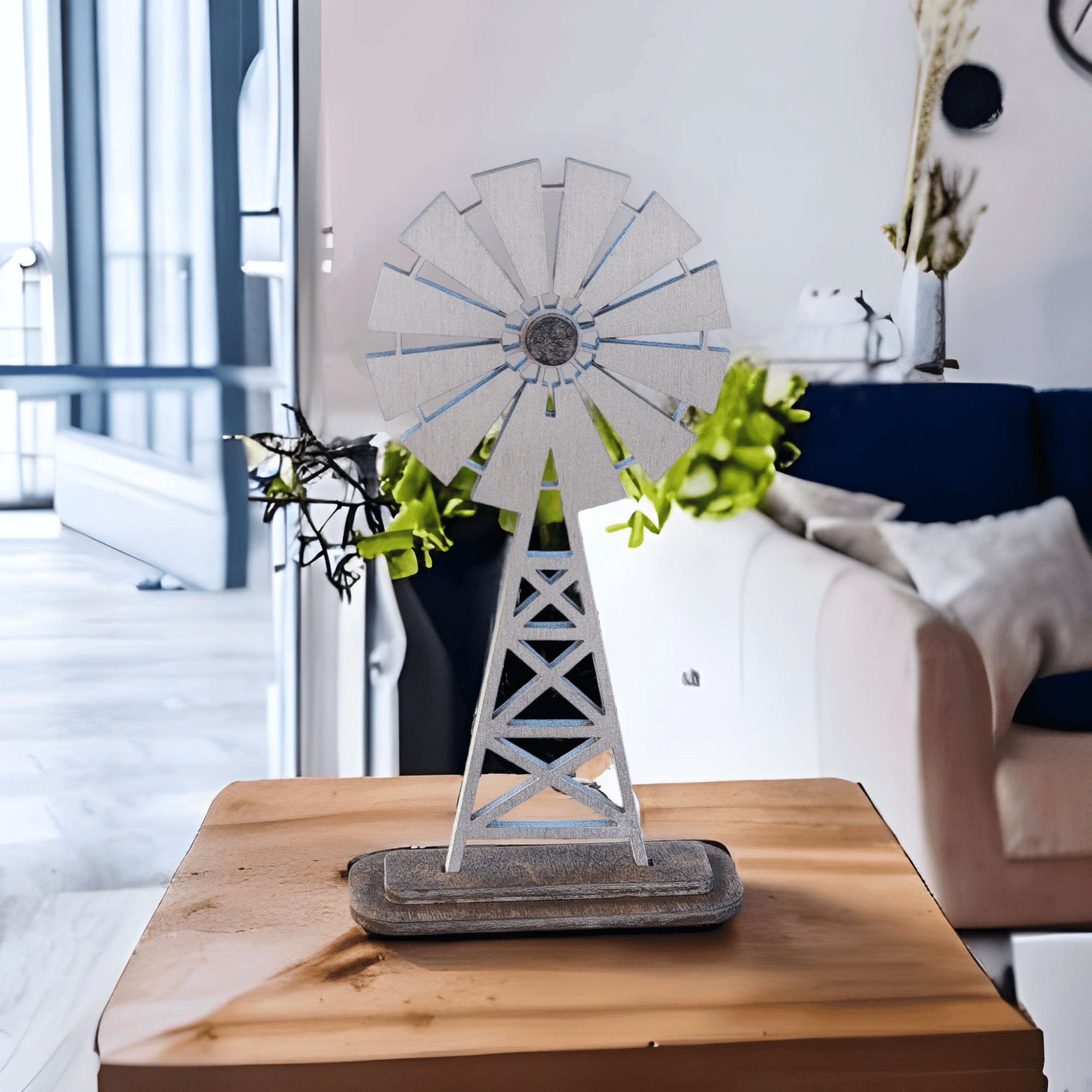 Farmhouse Decor - Silver Windmill Stand - Windmill Home Decor - Wood ...