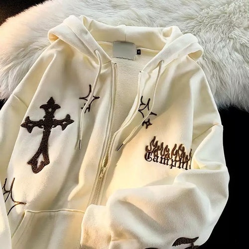 Hip Hop Flame Embroidered Harajuku Cross Hoodie Y2k Zip Up Etsy