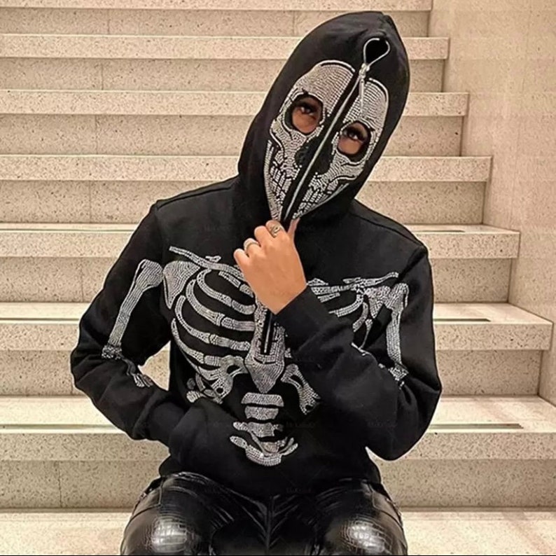 Hip Hop Skull Rhinestone Zip Up Hoodie Y2k Gothic Skeleton Etsy Sweden