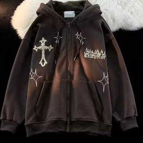 Hip Hop Flame Embroidered Harajuku Cross Hoodie Y2K Zip up - Etsy
