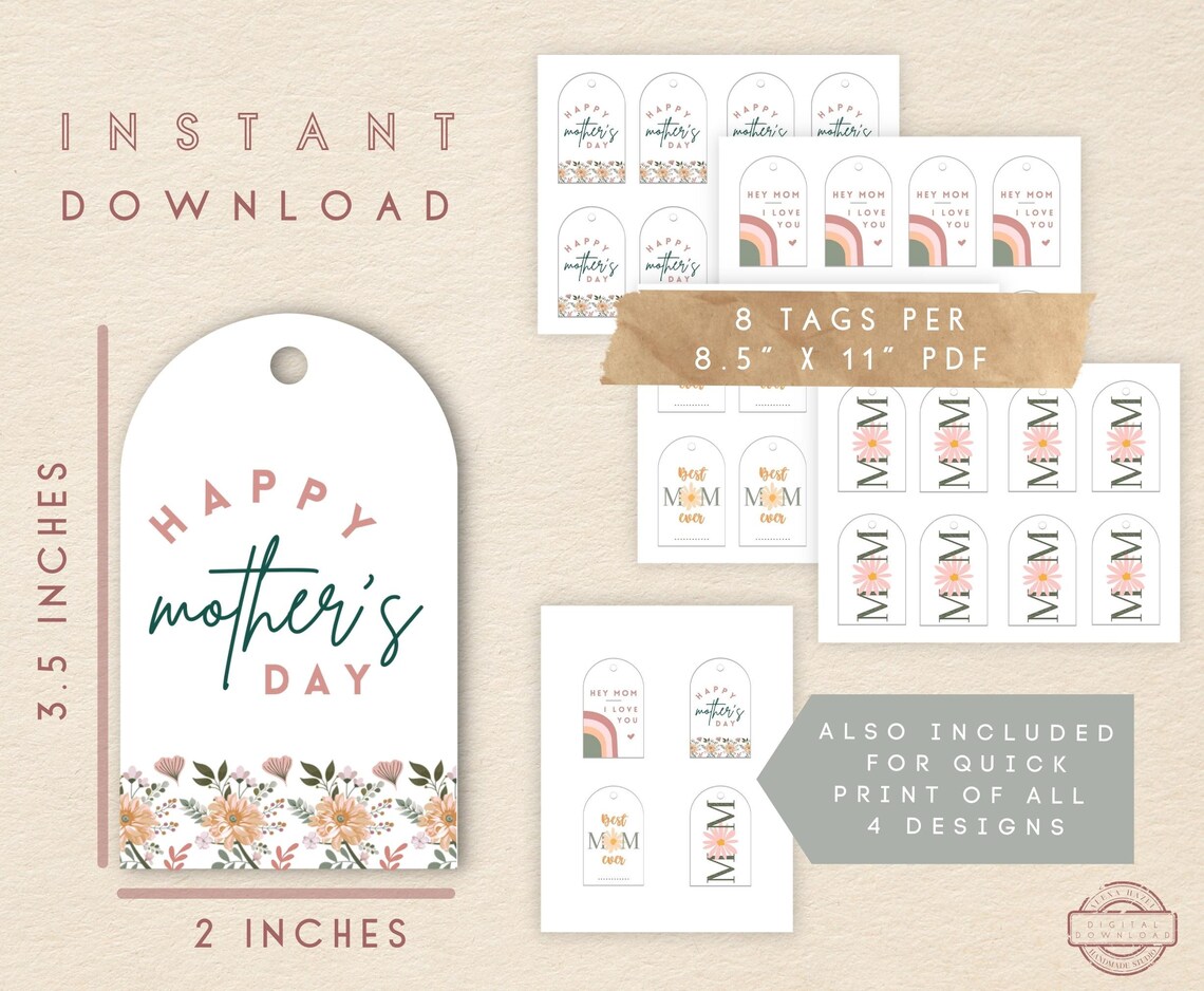 PRINTABLE Mother's Day Gift Tags 4 Styles Mothers Day - Etsy