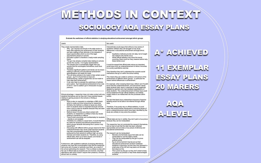 METHODS IN CONTEXT A-level Aqasociology Essay Plans (11 A* Exemplar 20 ...