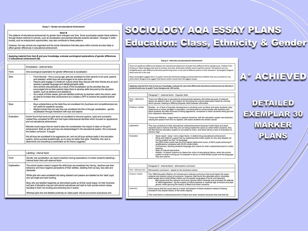 EDUCATIONAL ACHIEVEMENT AQA Sociology A-level Essay Plans on Class ...