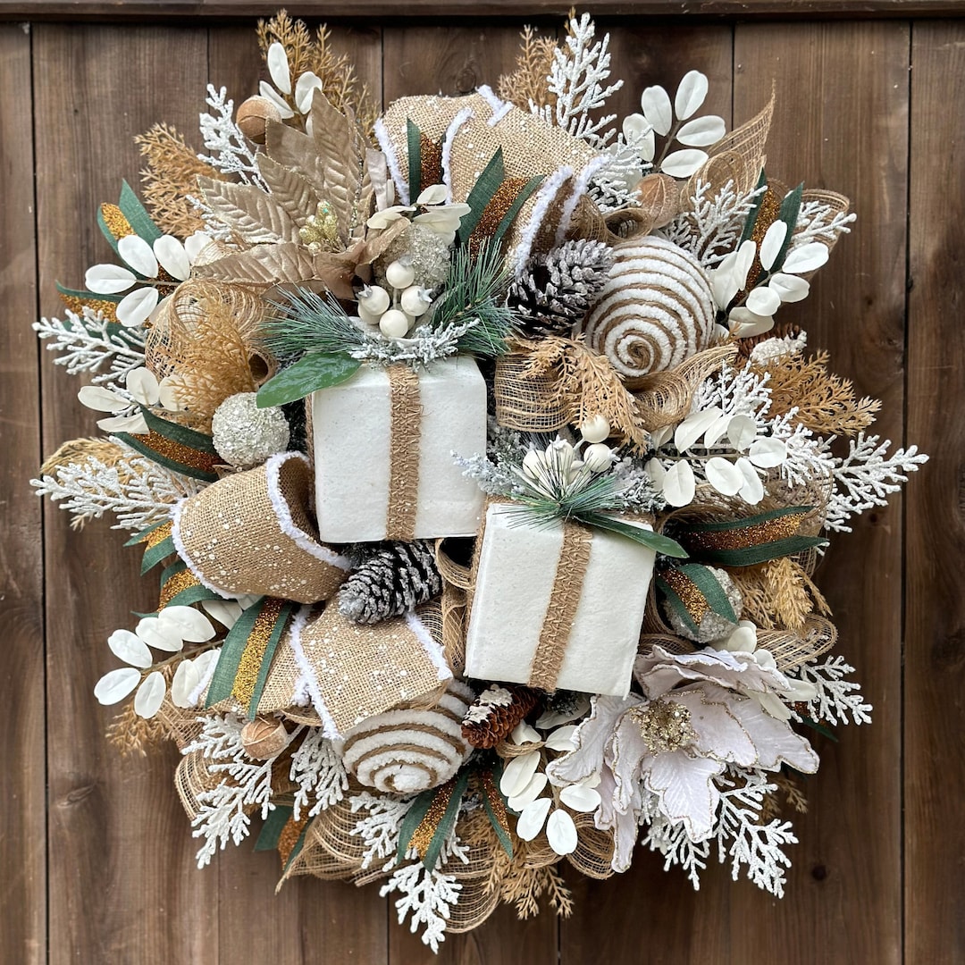 Tan and White Neutral Gift Box, Gift Box Wreath, Neutral Cottage Rustic ...