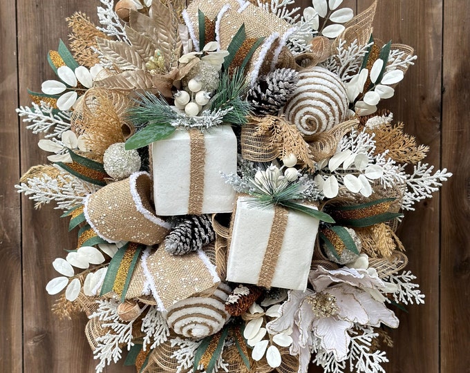 Tan and White Neutral Gift Box, Gift Box Wreath, Neutral Cottage Rustic ...