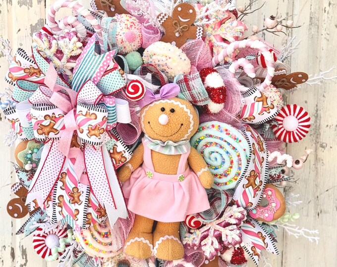 Pastel Gingerbread Girl Christmas Wreath, Pink and Blue Christmas, Pink ...