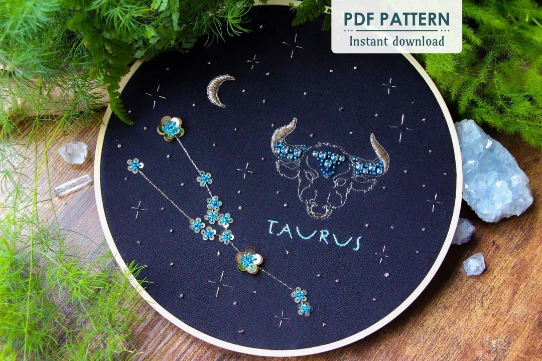 Taurus Zodiac Hand Embroidery Pattern, Downloadable PDF, Beginner Bead ...