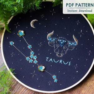 Taurus Zodiac Hand Embroidery Pattern, Downloadable PDF, Beginner Bead ...