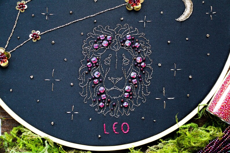 Leo Zodiac Hand Embroidery Pattern Downloadable PDF Beginner | Etsy