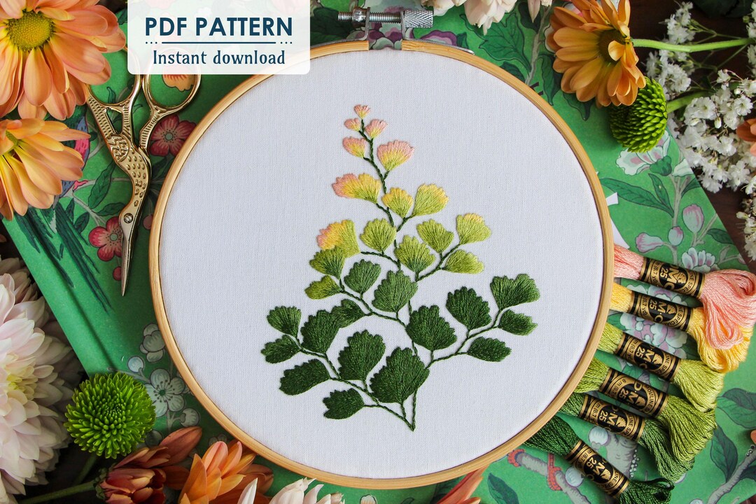 Blushing Maidenhair Fern Embroidery Pattern: Beginner Friendly Colorful ...