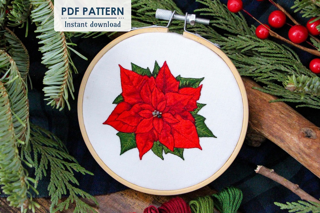 Red Winter Poinsettia Flower Thread Painting Pattern, PDF Download ...