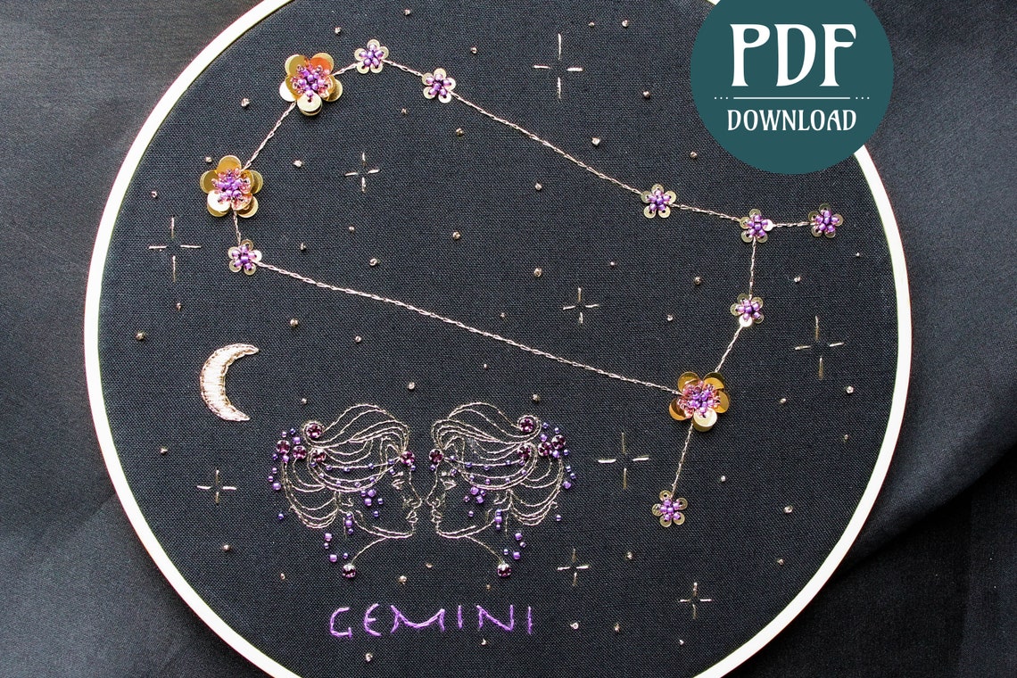 Gemini Zodiac Hand Embroidery Pattern Downloadable PDF | Etsy