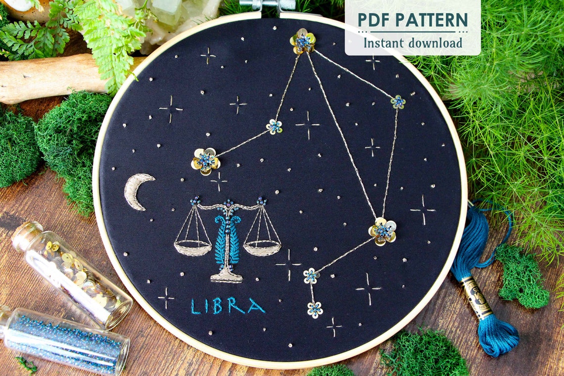 Libra Zodiac Hand Embroidery Pattern Downloadable PDF - Etsy