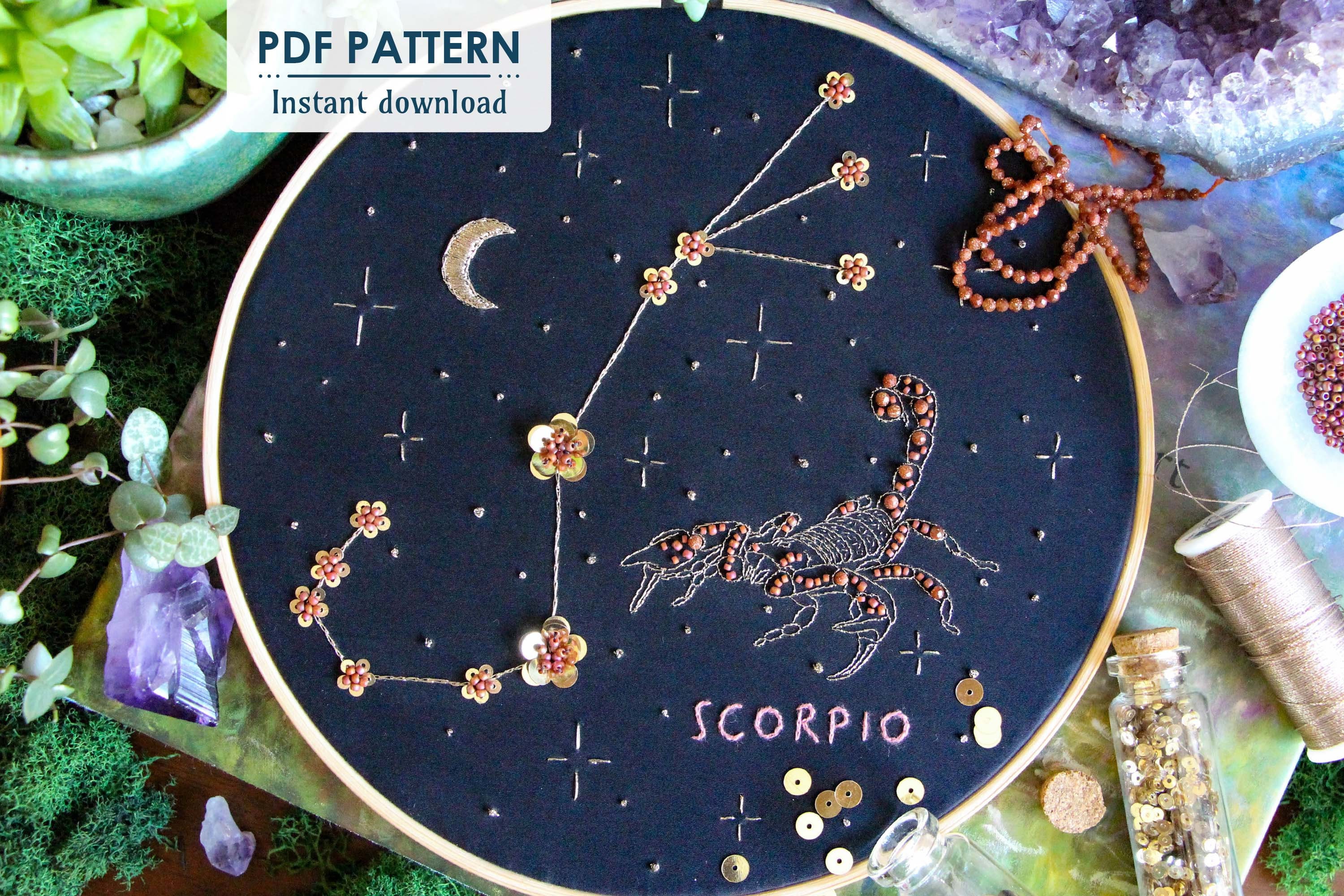Scorpio Zodiac Hand Embroidery Pattern, Downloadable PDF, Beginner Bead ...